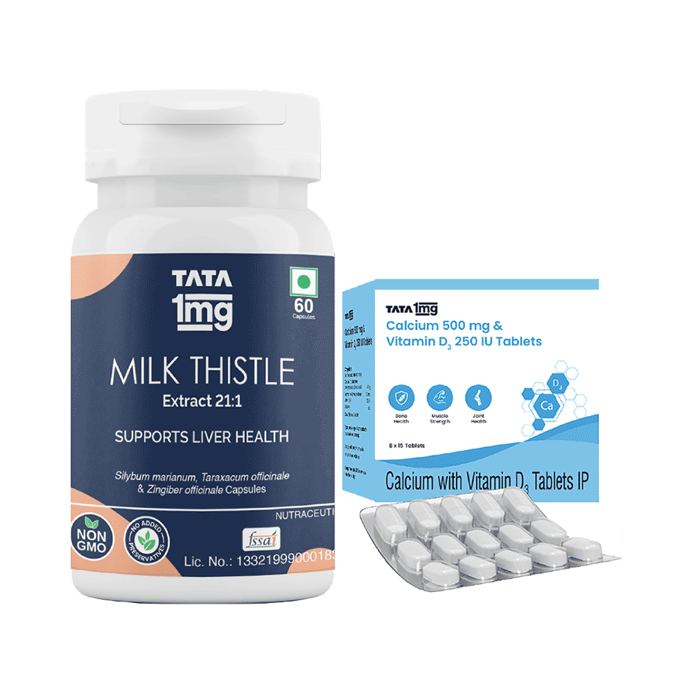 Combo Pack of Tata 1mg Milk Thistle Veg Capsule (60) & Tata 1mg Calcium ...