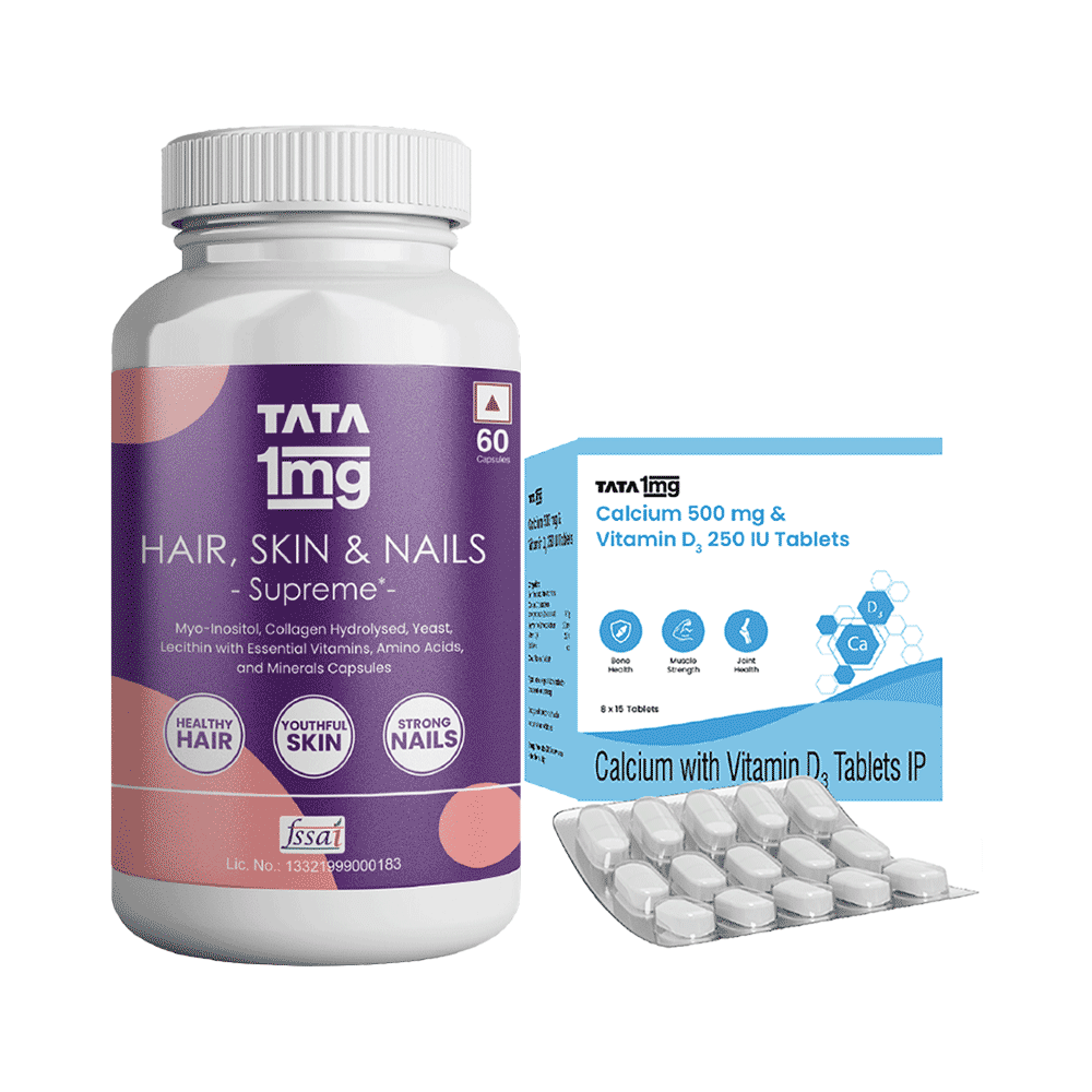 Combo Pack of Tata 1mg Hair, Skin & Nails Supreme Biotin Capsule (60) & Tata 1mg Calcium 500mg ...