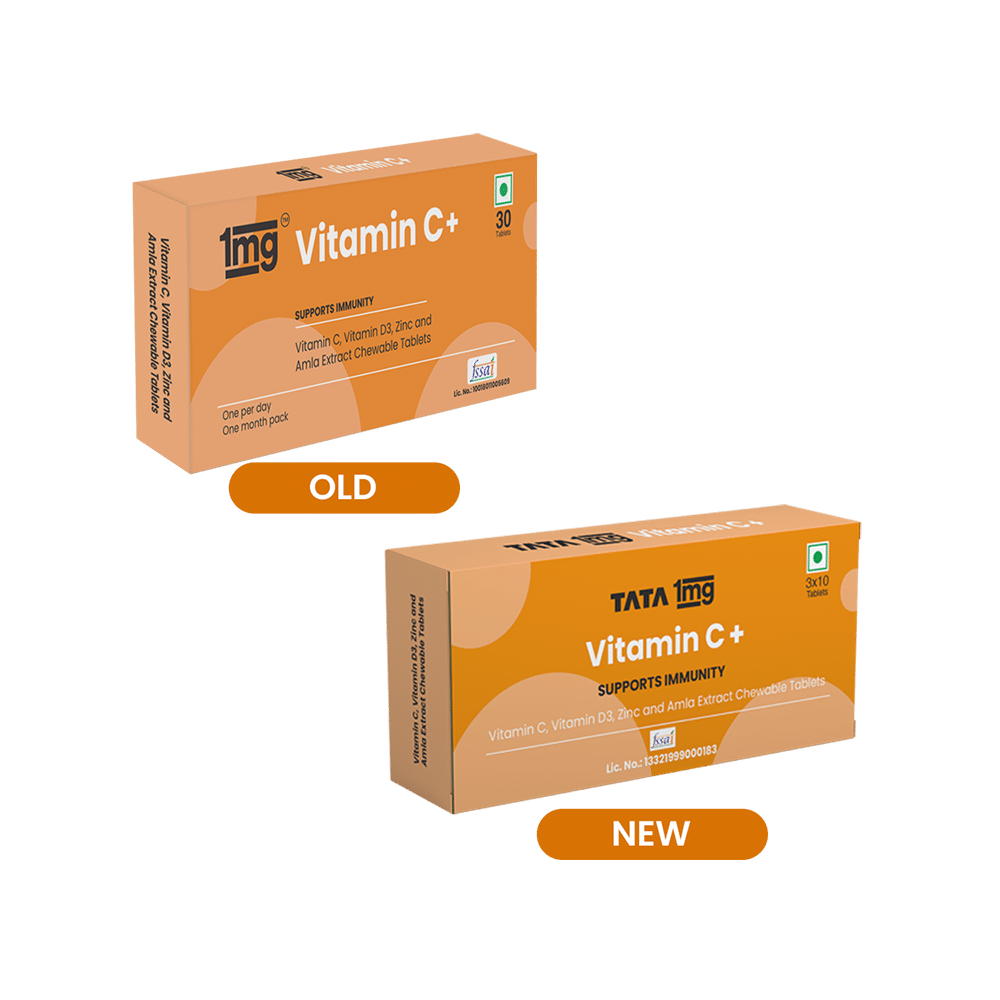 Tata 1mg Vitamin C + with Vitamin D3, Zinc and Amla Extract Chewable ...